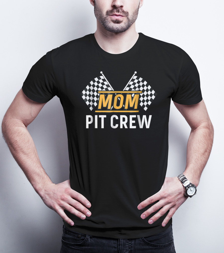 Mom Pit Crew Car Racing Checkered Flags Birthday Party Mother T-Shirt