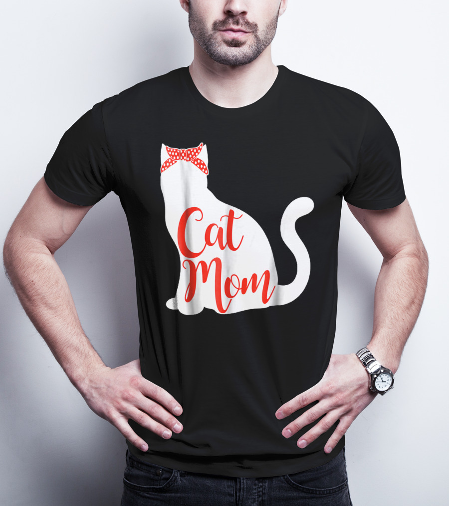 Cat Mom Cute Cat Owner Lover With Red Bow T-Shirt