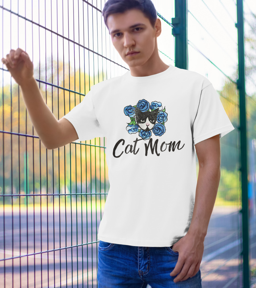 Cat Mom Floral Tuxedo Cat Blue Roses T-Shirt
