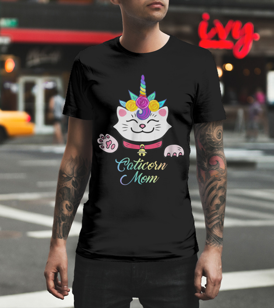 Caticorn Mom Cute Kitten Rainbow Unicorn Cat With Flowers T-Shirt