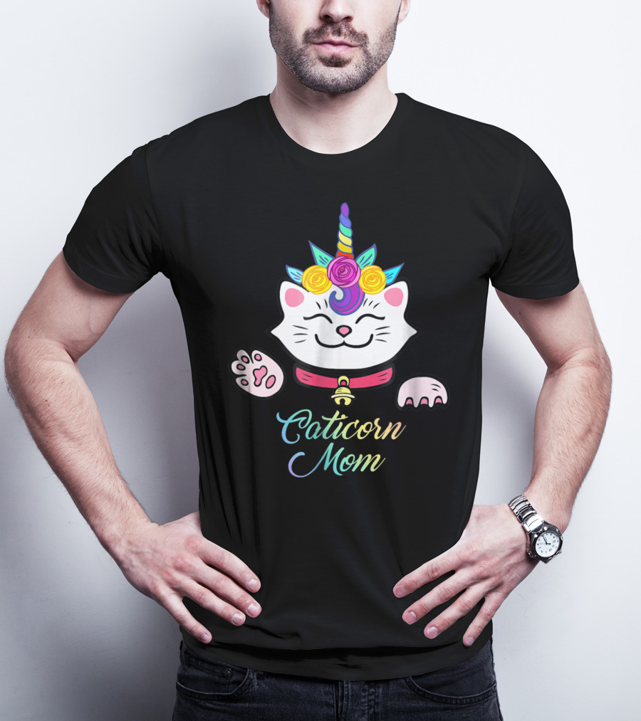 Caticorn Mom Cute Kitten Rainbow Unicorn Cat With Flowers T-Shirt