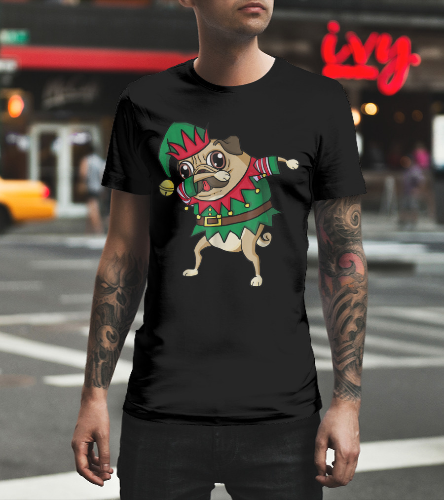 Christmas Dabbing Pug Dog Elf Costume With Festive Hat And Green Red T-Shirt
