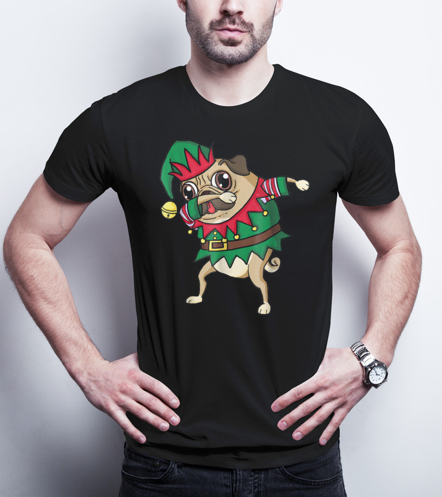 Christmas Dabbing Pug Dog Elf Costume With Festive Hat And Green Red T-Shirt