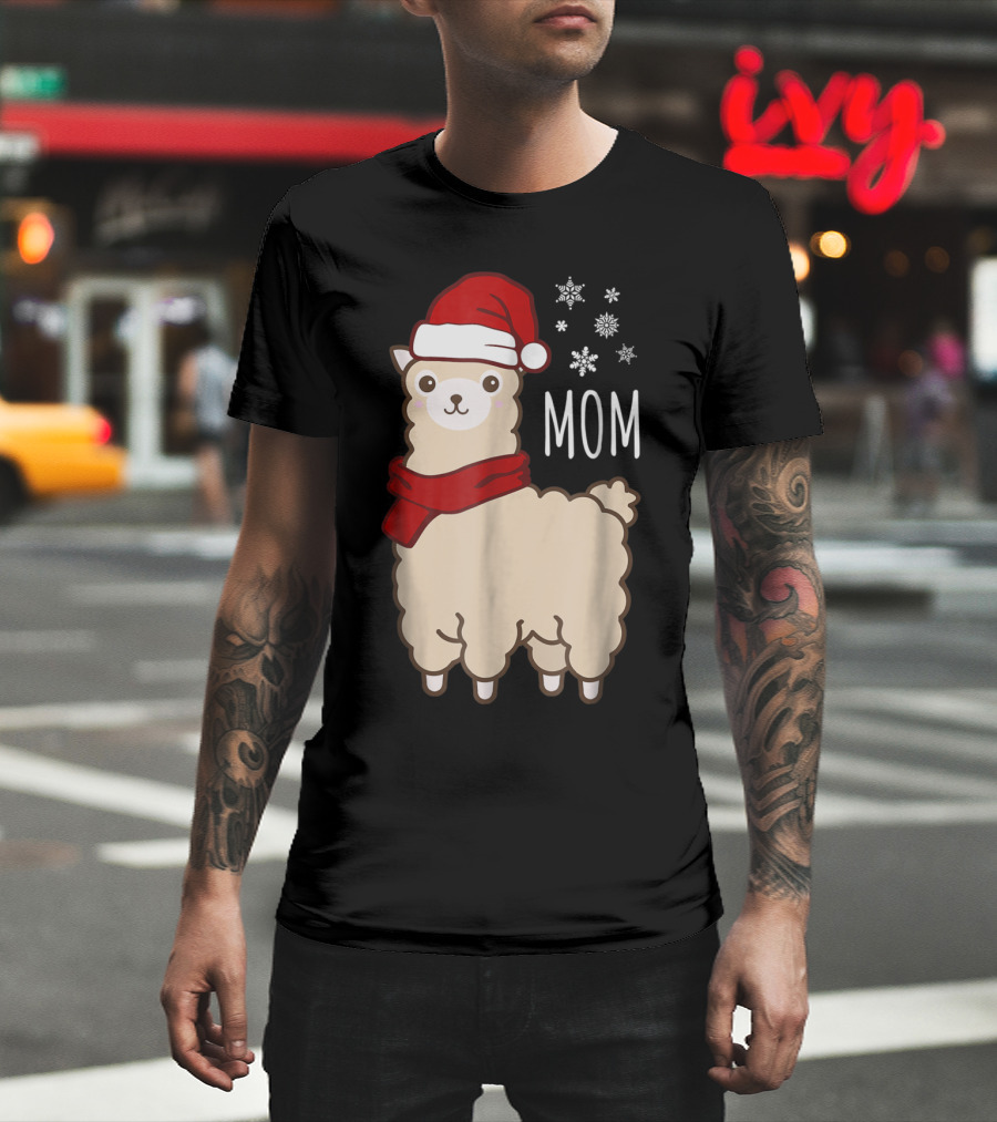 Christmas Mom Llama Cria Herd Xmas Mother Santa Hat Snowflakes T-Shirt