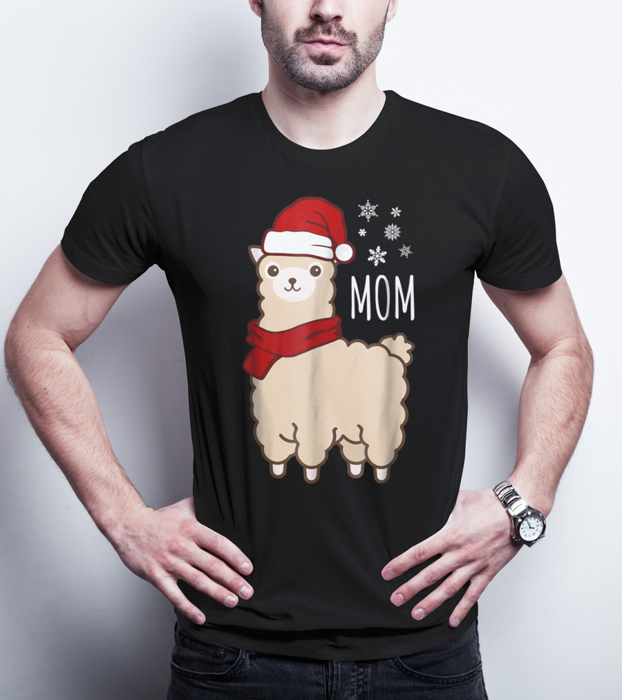 Christmas Mom Llama Cria Herd Xmas Mother Santa Hat Snowflakes T-Shirt