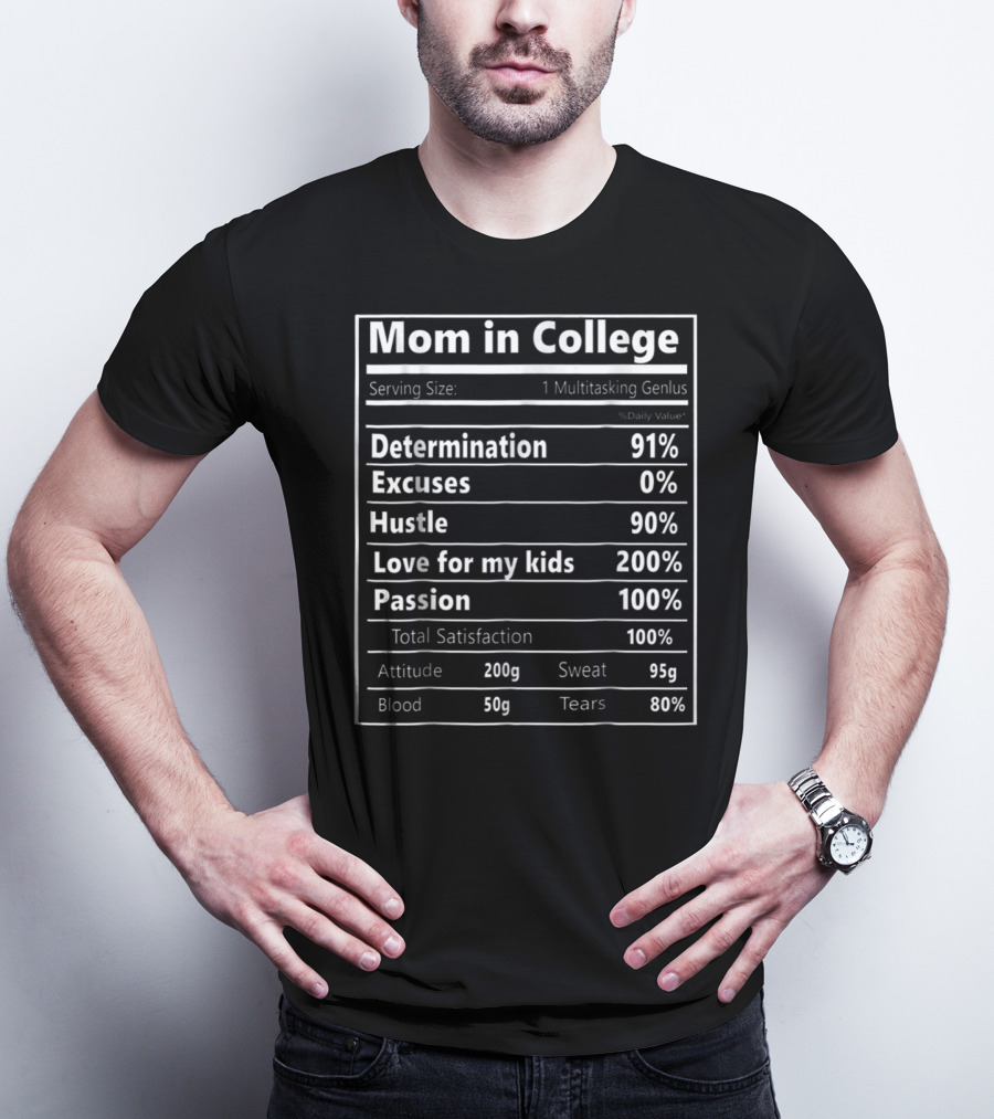 Mom In College Nutrition Facts Determination 91% Hustle 90% Love For My Kids 200% Passion 100% Total Satisfaction T-Shirt