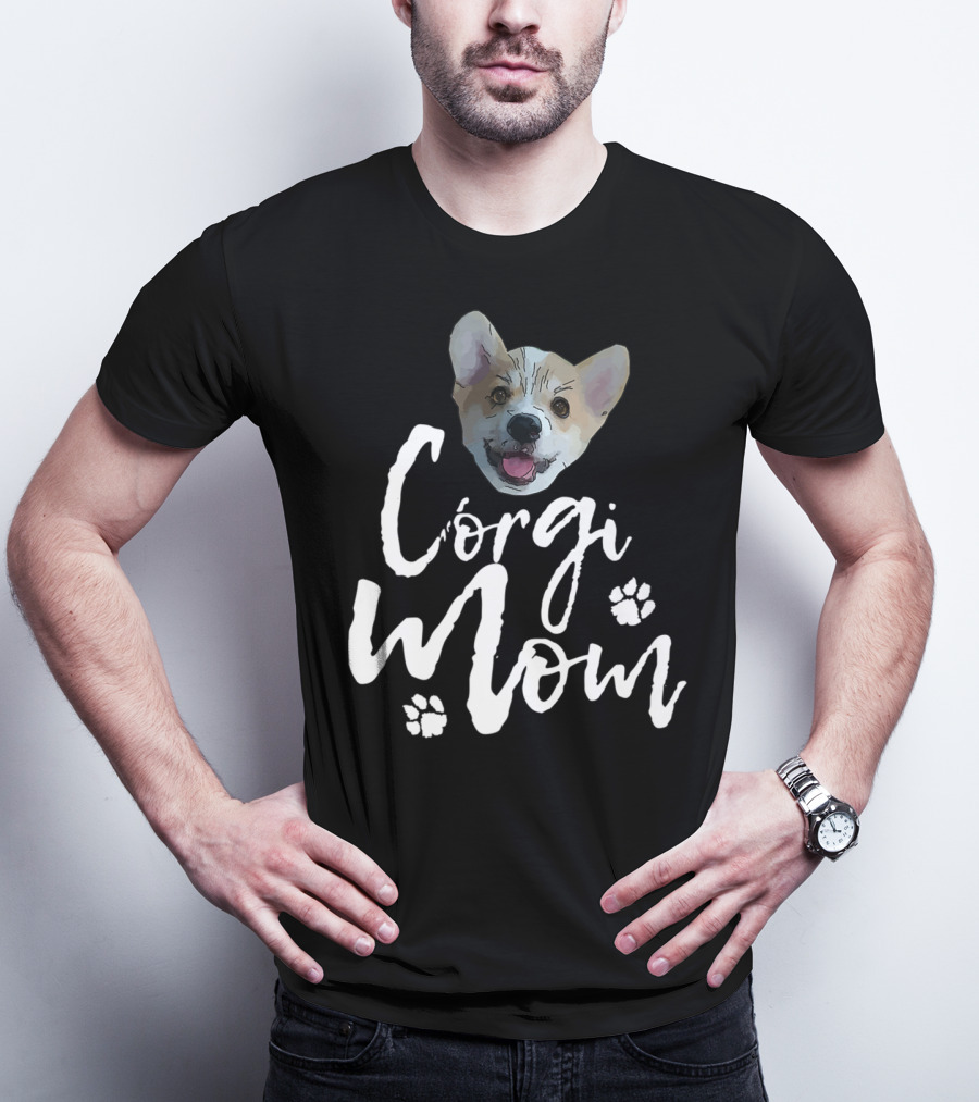 Corgi Mom Cute Dog Face With Paw Print Accents T-Shirt