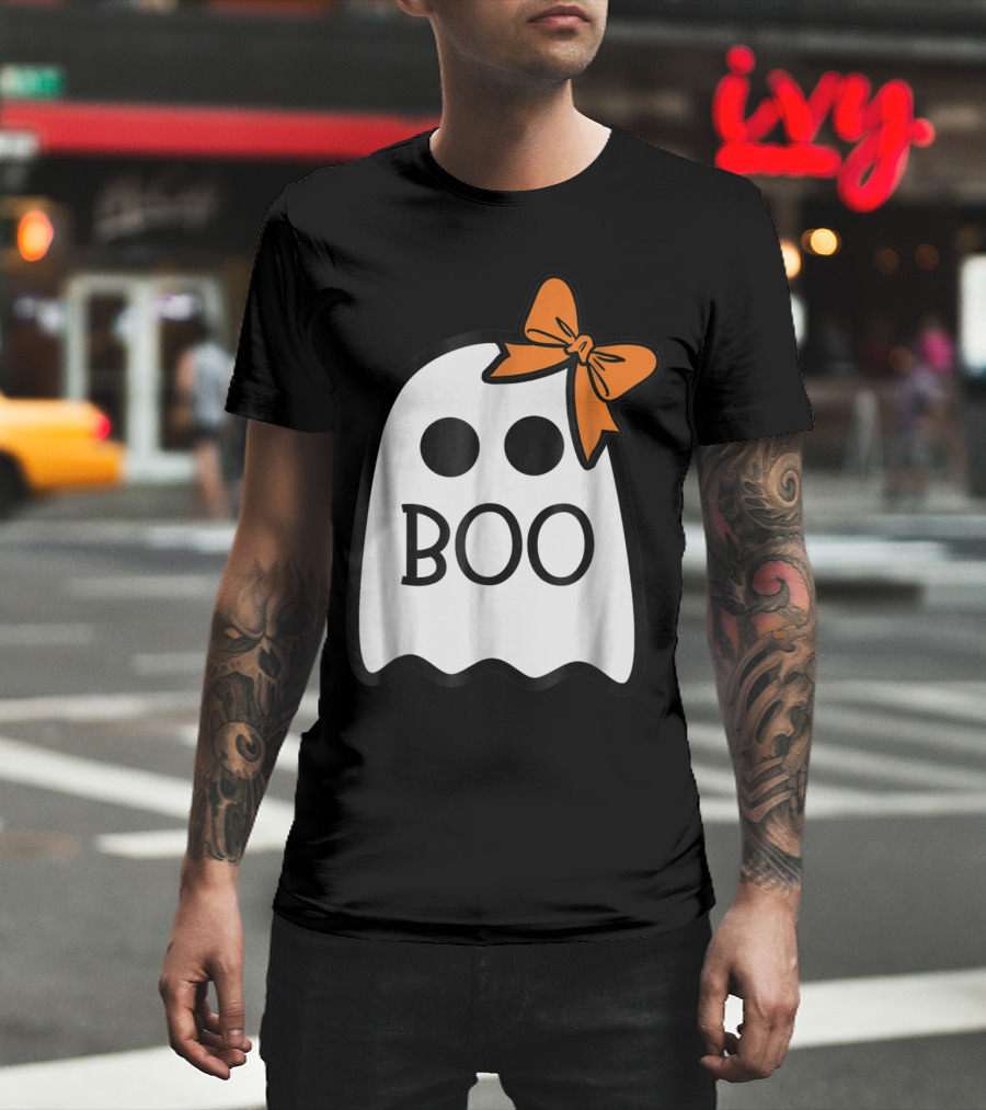 Cute Ghost Boo With Orange Bow For Halloween T-Shirt