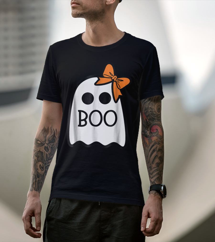 Cute Ghost Boo With Orange Bow For Halloween T-Shirt
