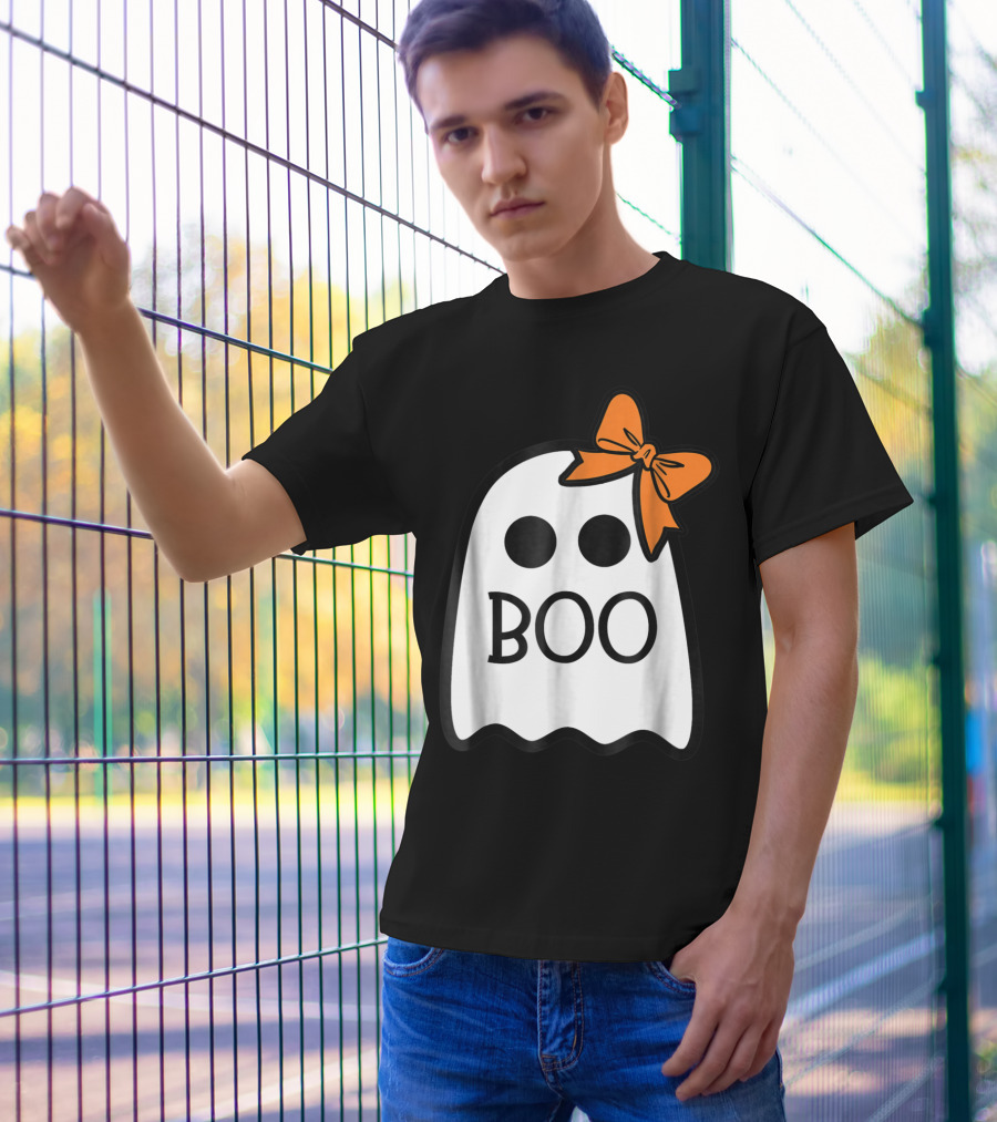 Cute Ghost Boo With Orange Bow For Halloween T-Shirt