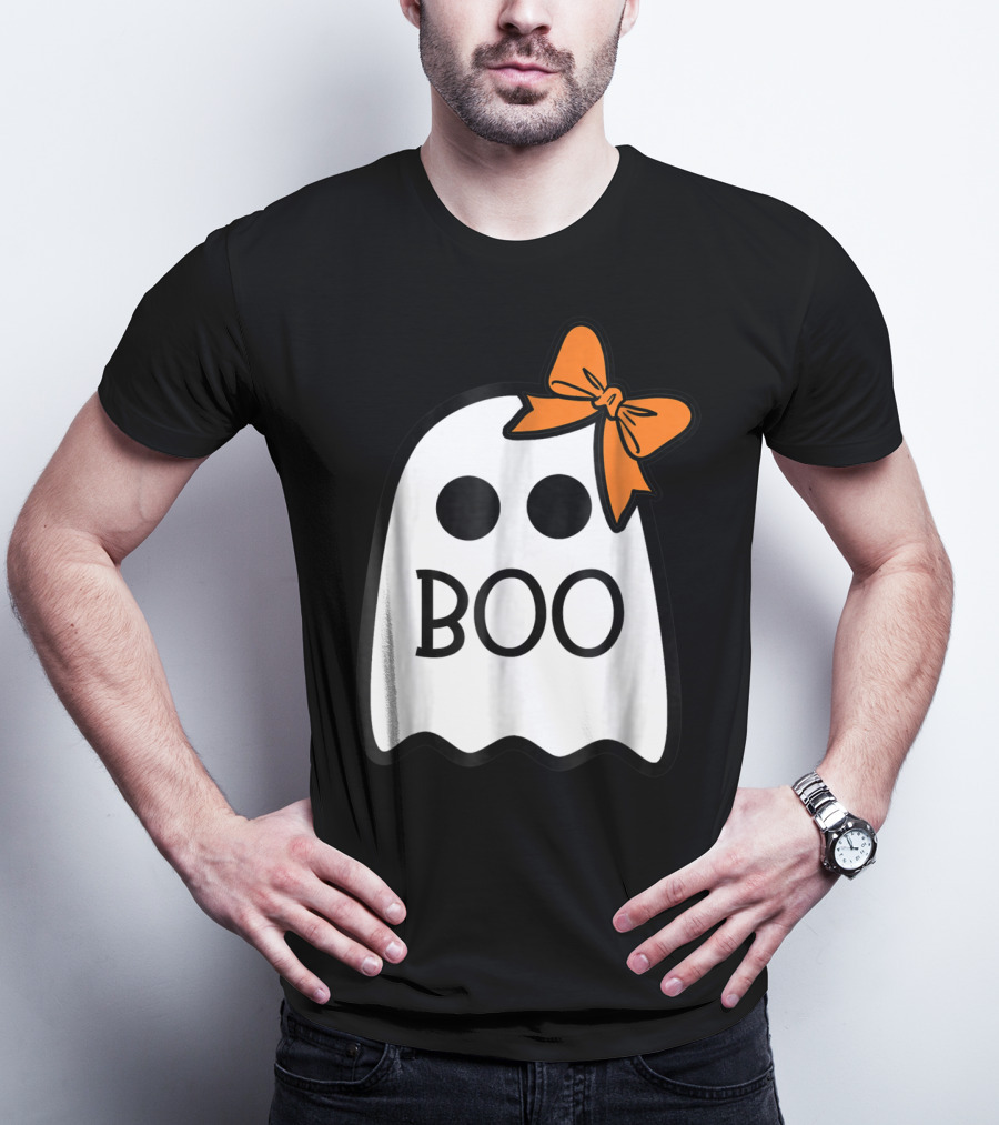 Cute Ghost Boo With Orange Bow For Halloween T-Shirt
