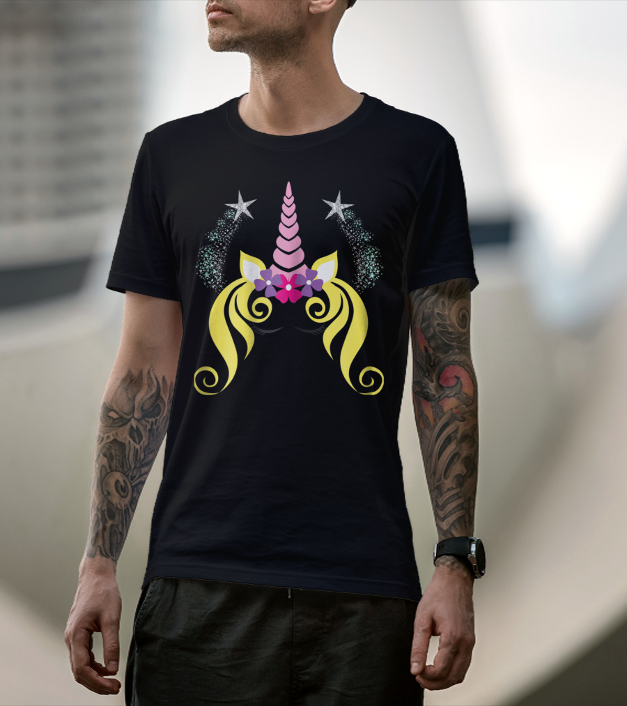 Floral Unicorn Face With Sparkling Stars Birthday T-Shirt