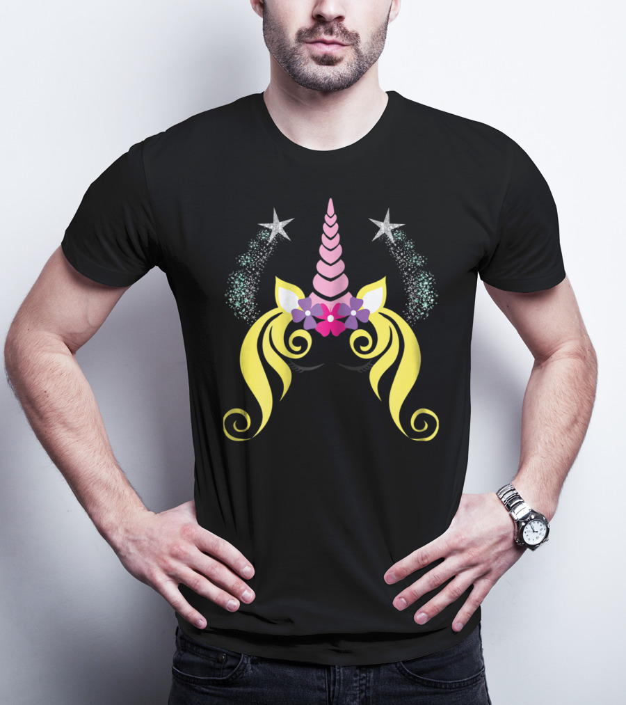 Floral Unicorn Face With Sparkling Stars Birthday T-Shirt