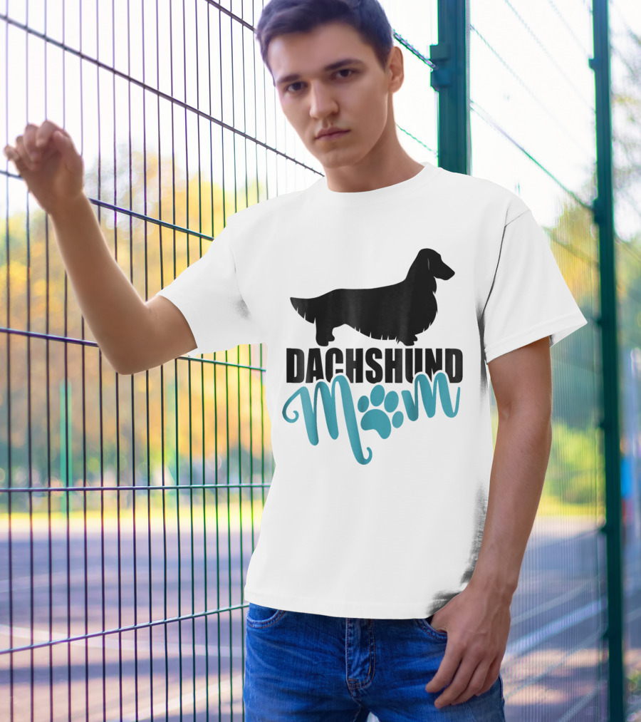Dachshund Mom Longhair Silhouette With Blue Pawprint Accent T-Shirt