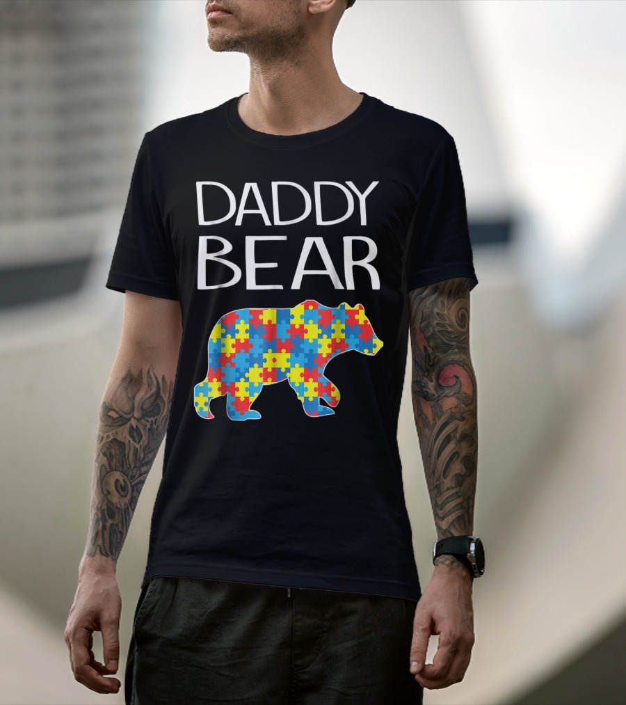 Daddy Bear Autism Puzzle Pattern Child Dad T-Shirt
