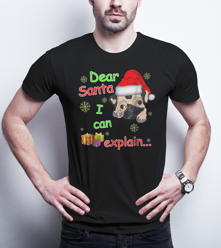 Dear Santa I Can Explain Pug In Santa Hat With Snowflakes And Presents T-Shirt
