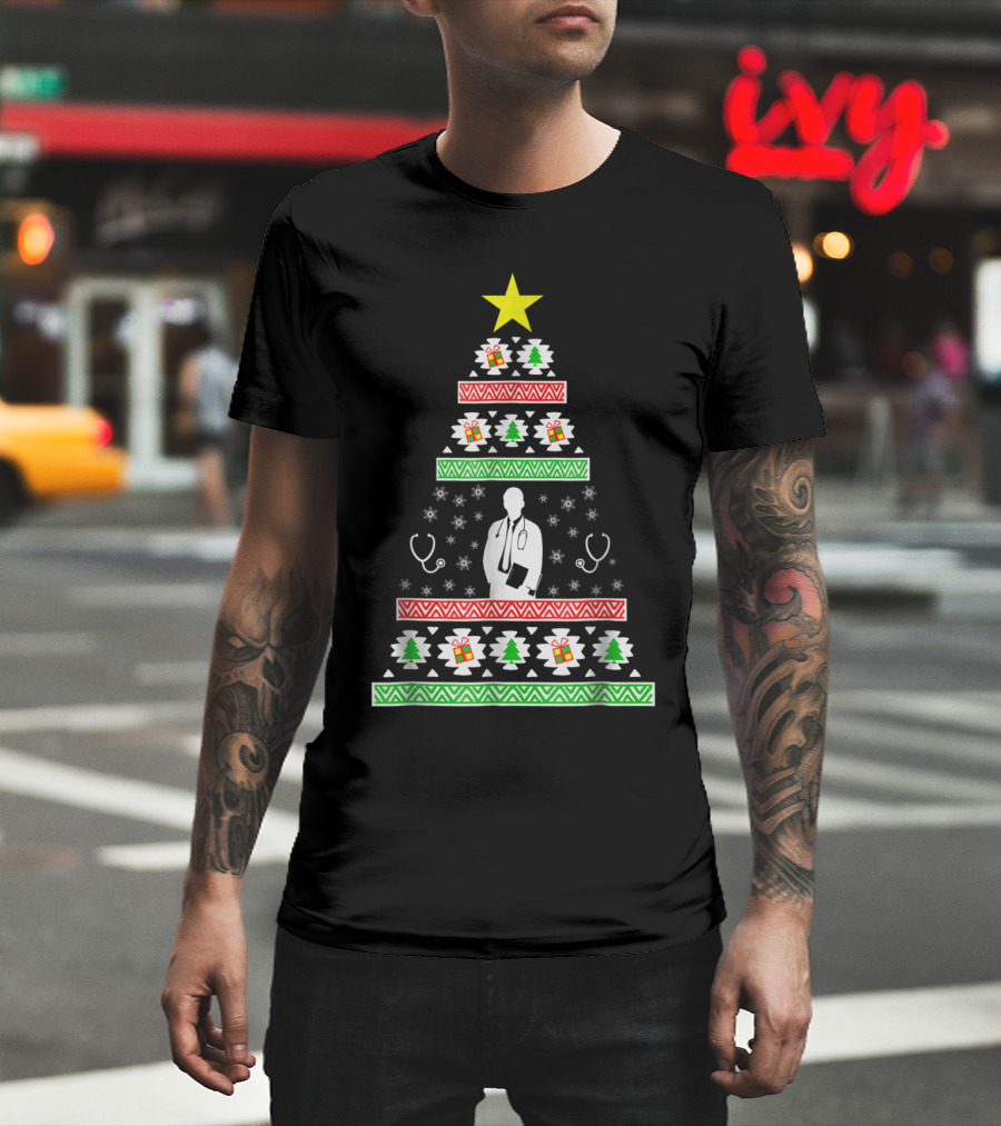 Doctor Christmas Tree Stethoscope Pattern Dad35 T-Shirt