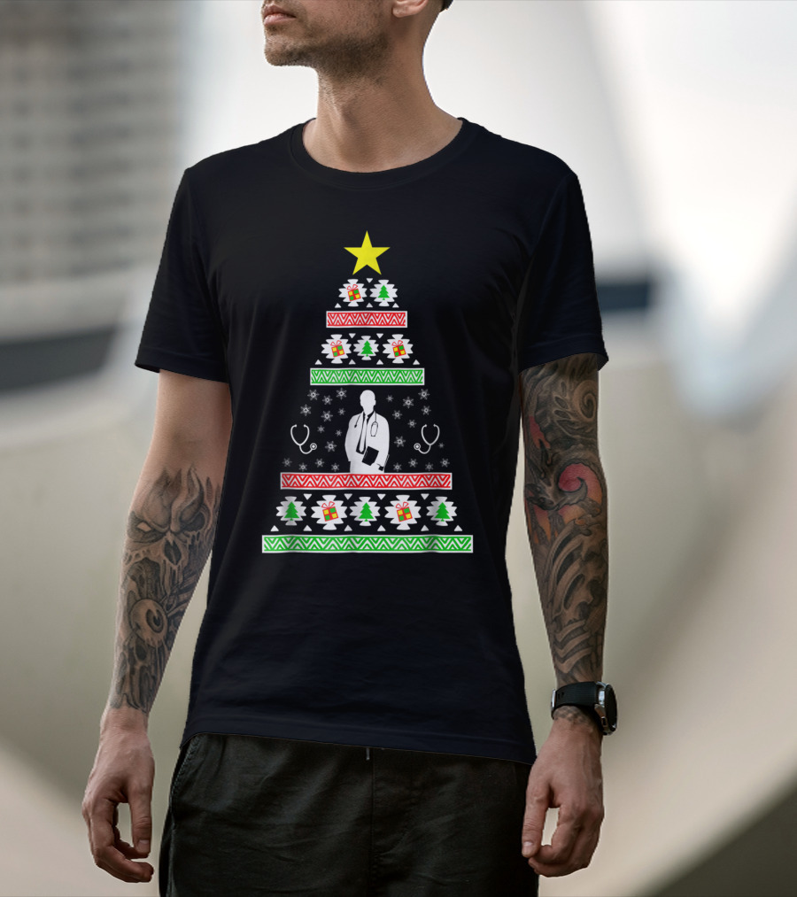 Doctor Christmas Tree Stethoscope Pattern Dad35 T-Shirt