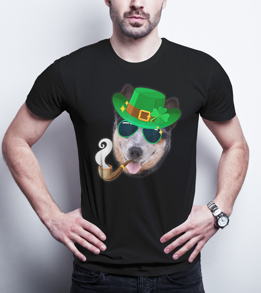 Australian Cattle Dog Leprechaun With Pipe And Shamrock Hat T-Shirt