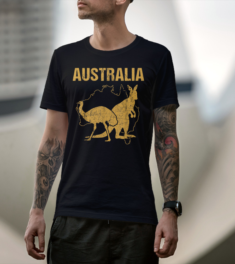 Australia Kangaroo And Emu Silhouette Map T-Shirt