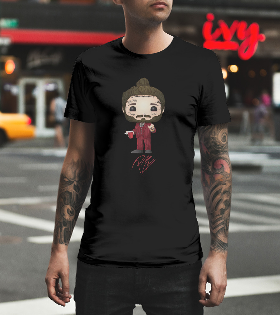 Post Malone Funko Pop Style Character With Tattoos And Red Suit Holding Cup T-Shirt
