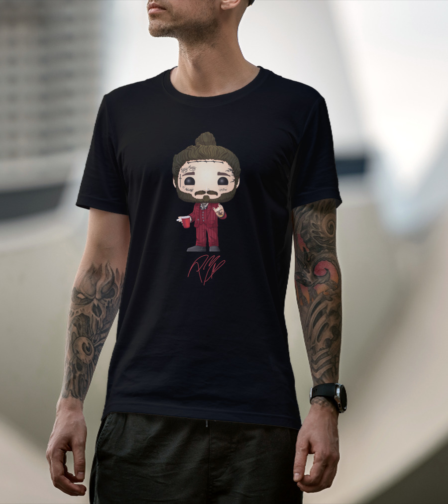 Post Malone Funko Pop Style Character With Tattoos And Red Suit Holding Cup T-Shirt