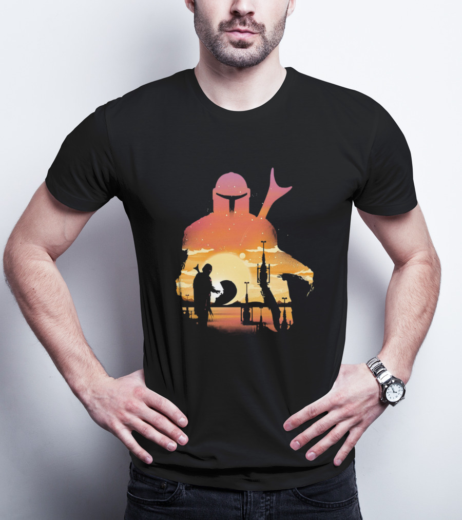 The Mandalorian Sunset Silhouette With Bounty Hunter And Child In Desert Scene T-Shirt