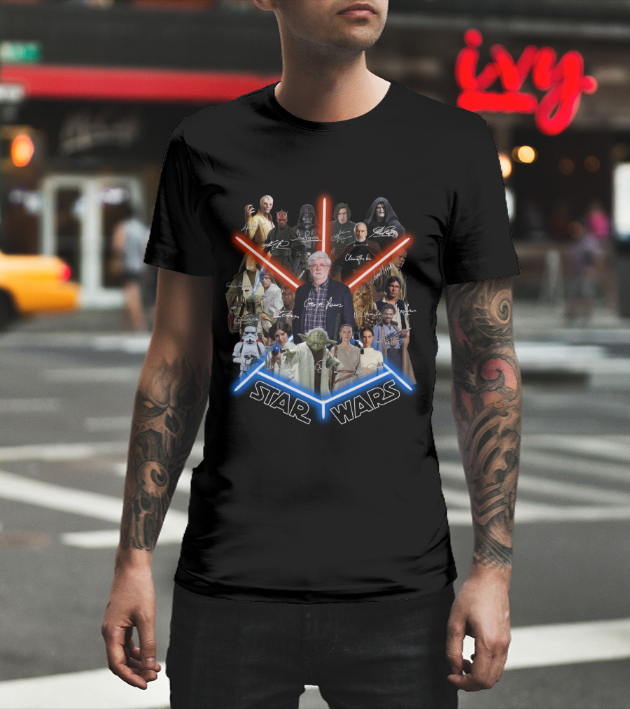 Star Wars George Lucas And Iconic Character Collage With Signatures T-Shirt