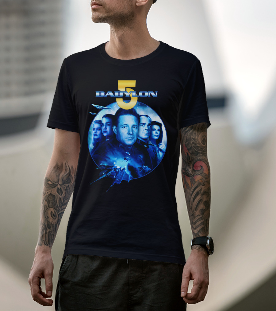 Babylon 5 Science Fiction Series Characters And Spaceship T-Shirt