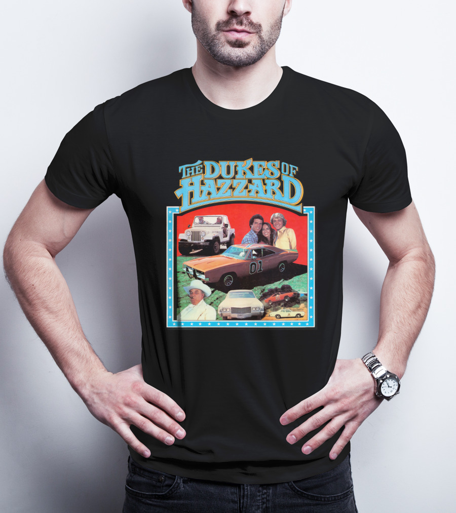 The Dukes Of Hazzard 01 Car And Characters With Jeep And Cowboy Hat T-Shirt