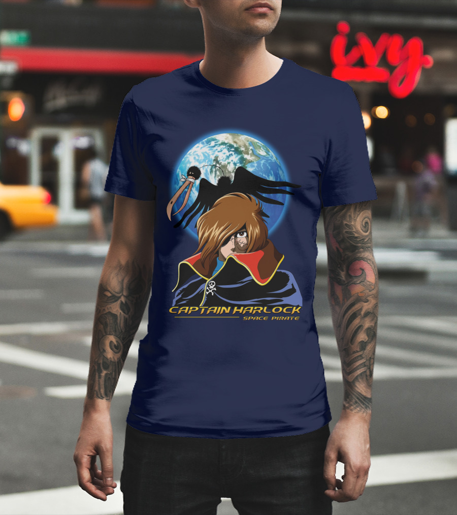 Captain Harlock Space Pirate Anime Icon With Earth And Black Bird T-Shirt