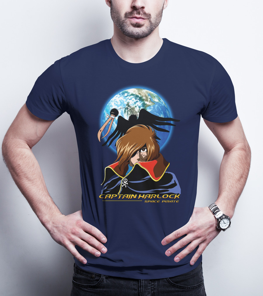 Captain Harlock Space Pirate Anime Icon With Earth And Black Bird T-Shirt