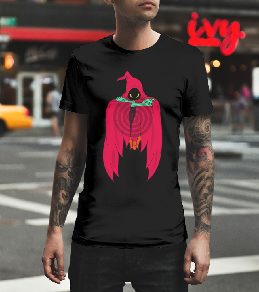 Shadow Weaver Enigmatic Hooded Phantom With Red Cape And Yellow Eyes T-Shirt