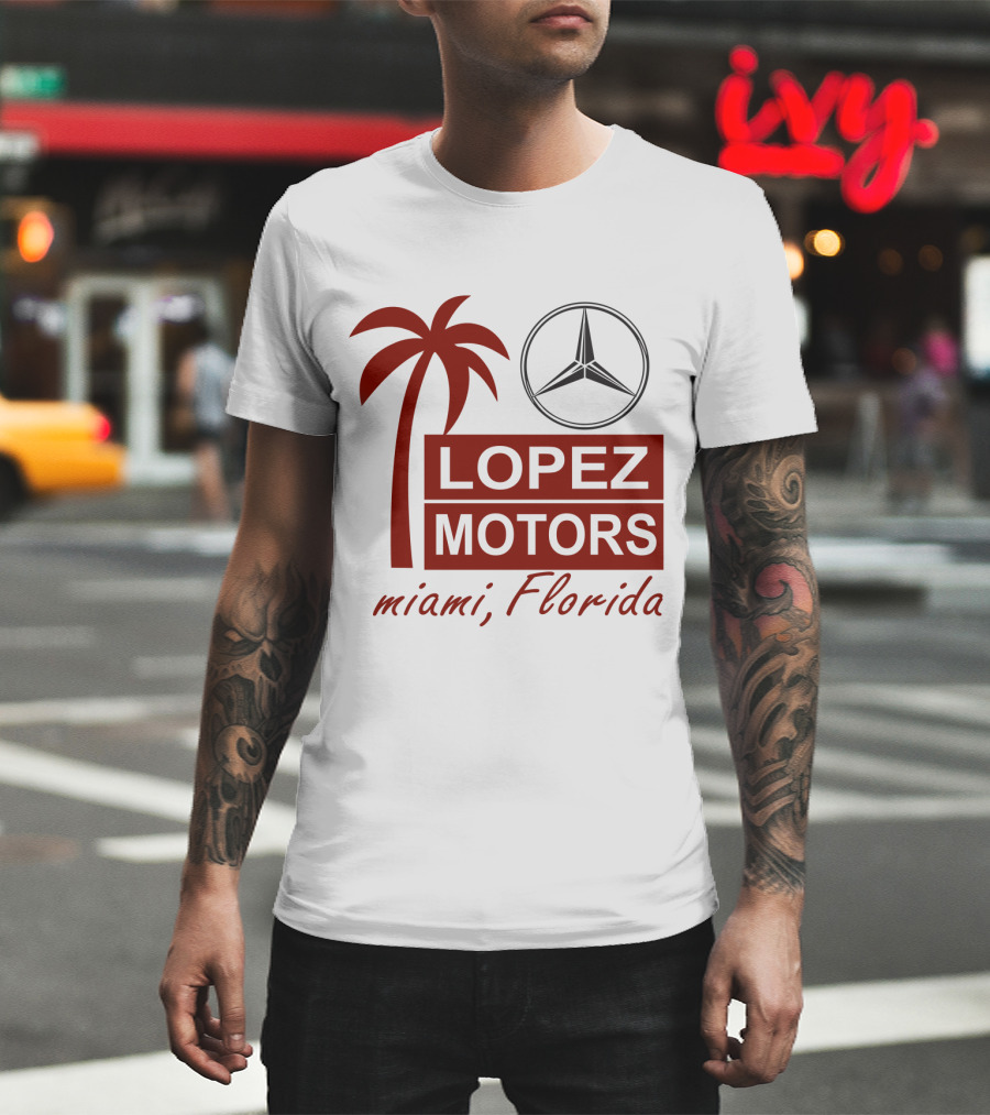 Lopez Motors Miami Florida Scarface Palm Tree Mercedes Benz Star T-Shirt