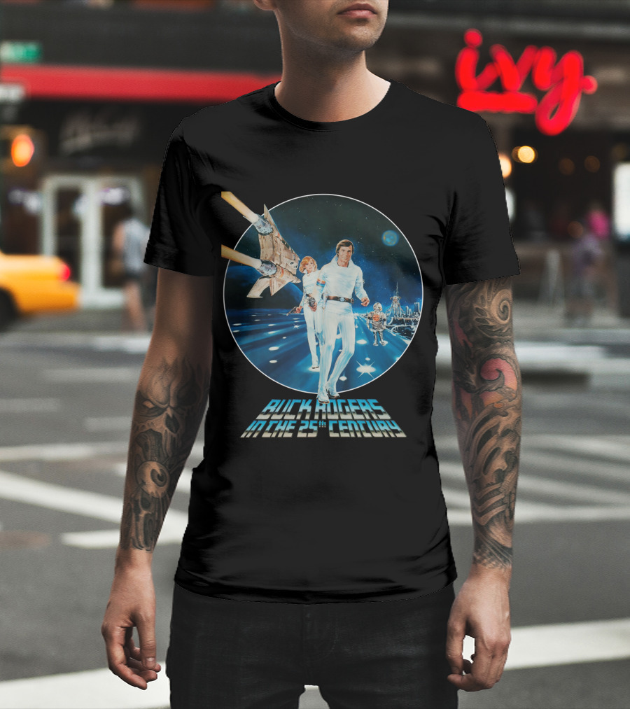 Buck Rogers In The 25th Century Space Adventure Crew And Starship On Futuristic Landscape T-Shirt