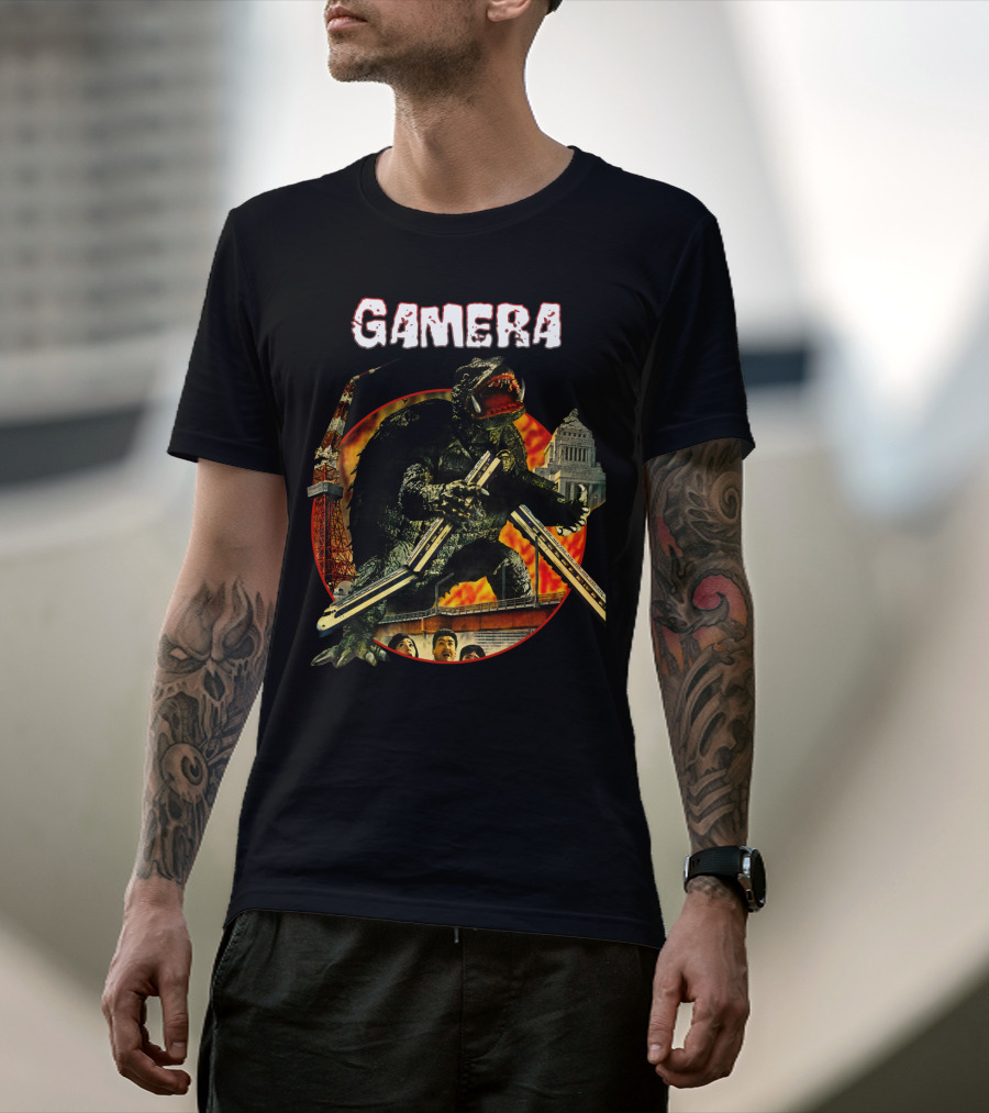 Gamera Monster Clash With Iconic Japanese Tower And Cityscape Scene T-Shirt