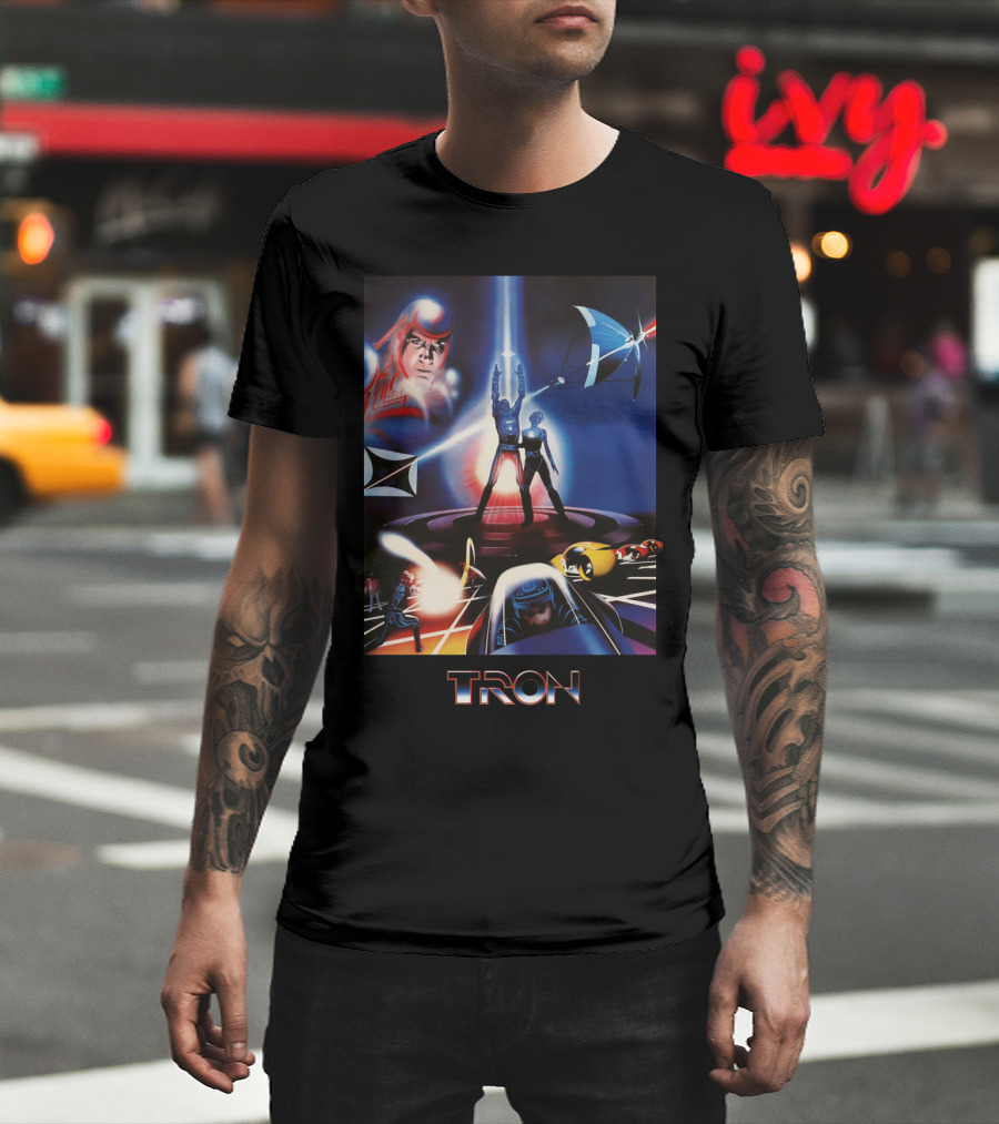 TRON Movie Artwork With Iconic Light Cycle And Disc Battle T-Shirt