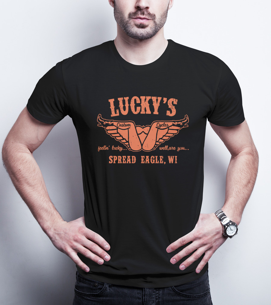 Lucky's Custom Cycles Feelin' Lucky Spread Eagle WI Vintage Motorcycle Biker T-Shirt