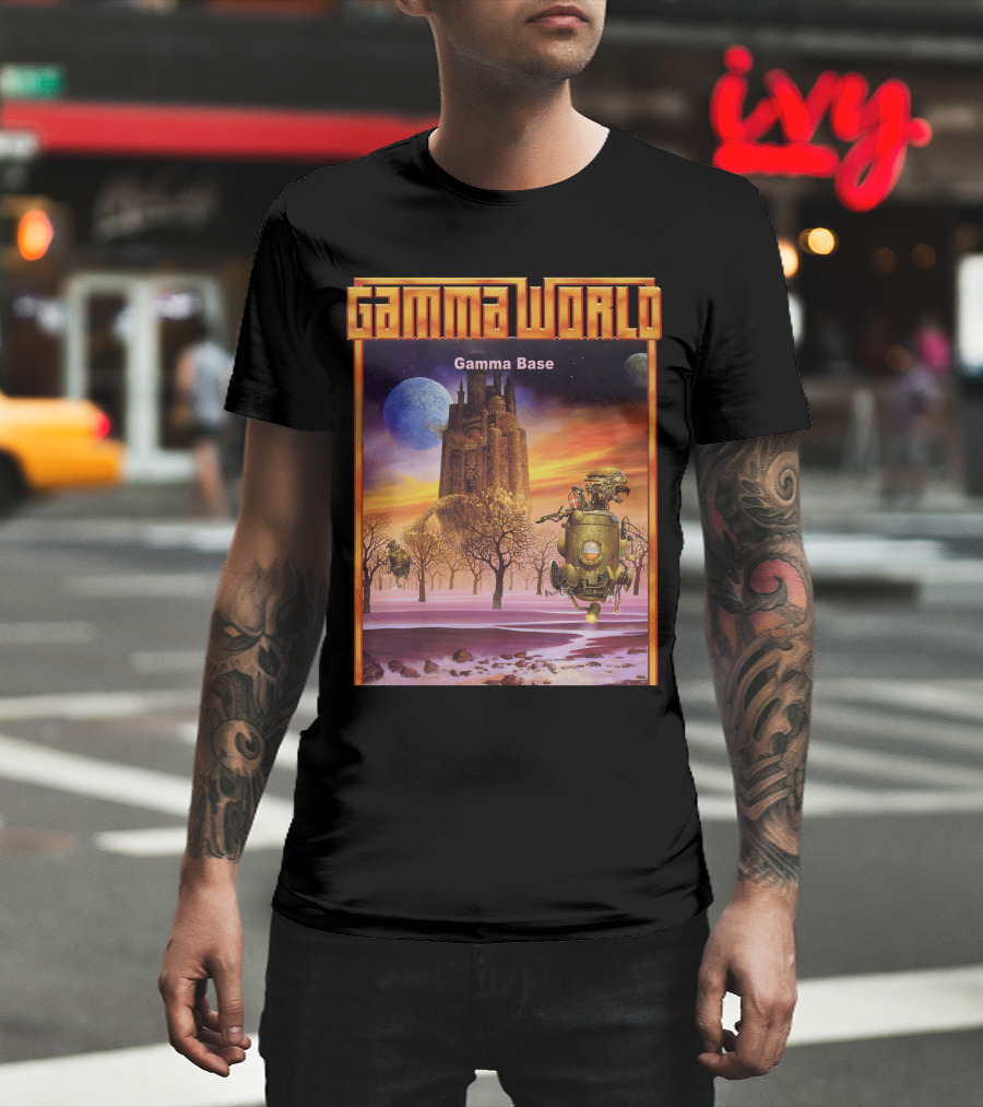 Gamma World Gamma Base Futuristic Castle With Robot On Alien Landscape T-Shirt