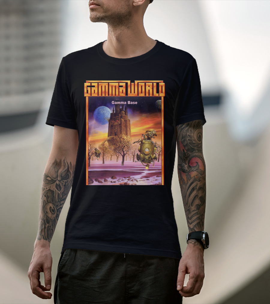 Gamma World Gamma Base Futuristic Castle With Robot On Alien Landscape T-Shirt