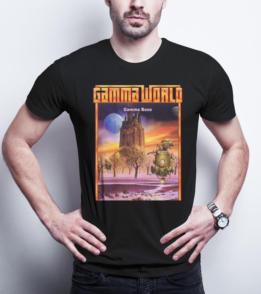 Gamma World Gamma Base Futuristic Castle With Robot On Alien Landscape T-Shirt