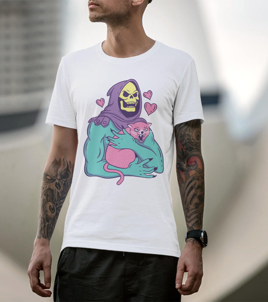 Skeletor Holding Pink Cat With Hearts T-Shirt