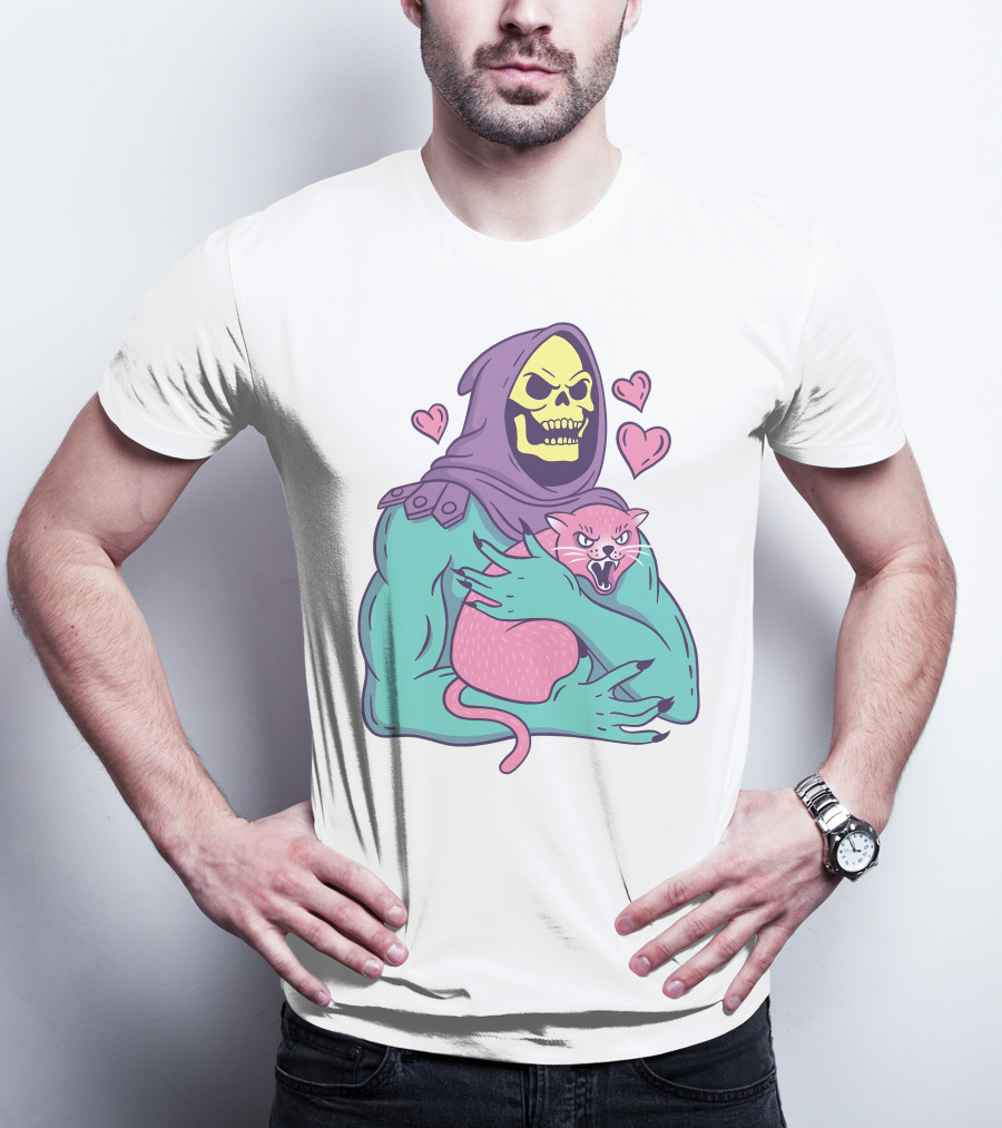 Skeletor Holding Pink Cat With Hearts T-Shirt