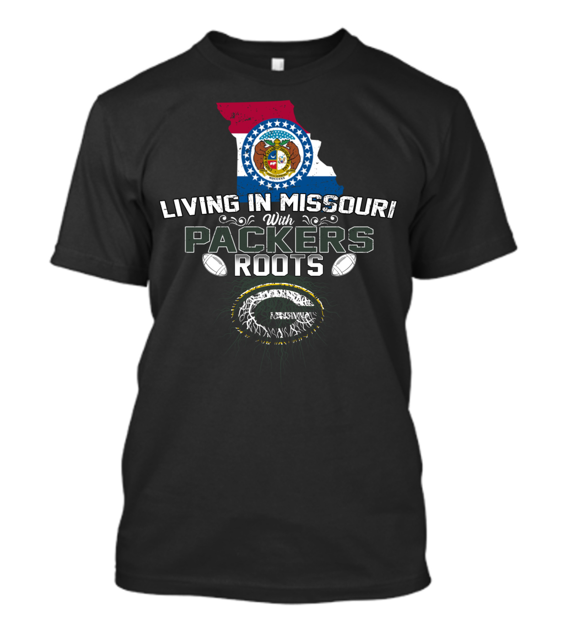 Living In Missouri Proudly Embracing Packers Roots With Football T-Shirt
