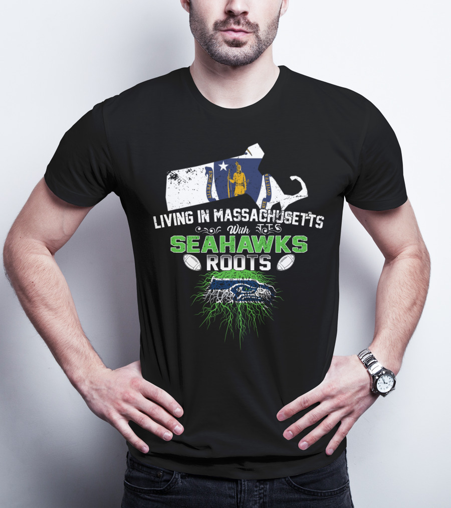 Living In Massachusetts With Seahawks Roots Massachusetts Flag Logo Football T-Shirt