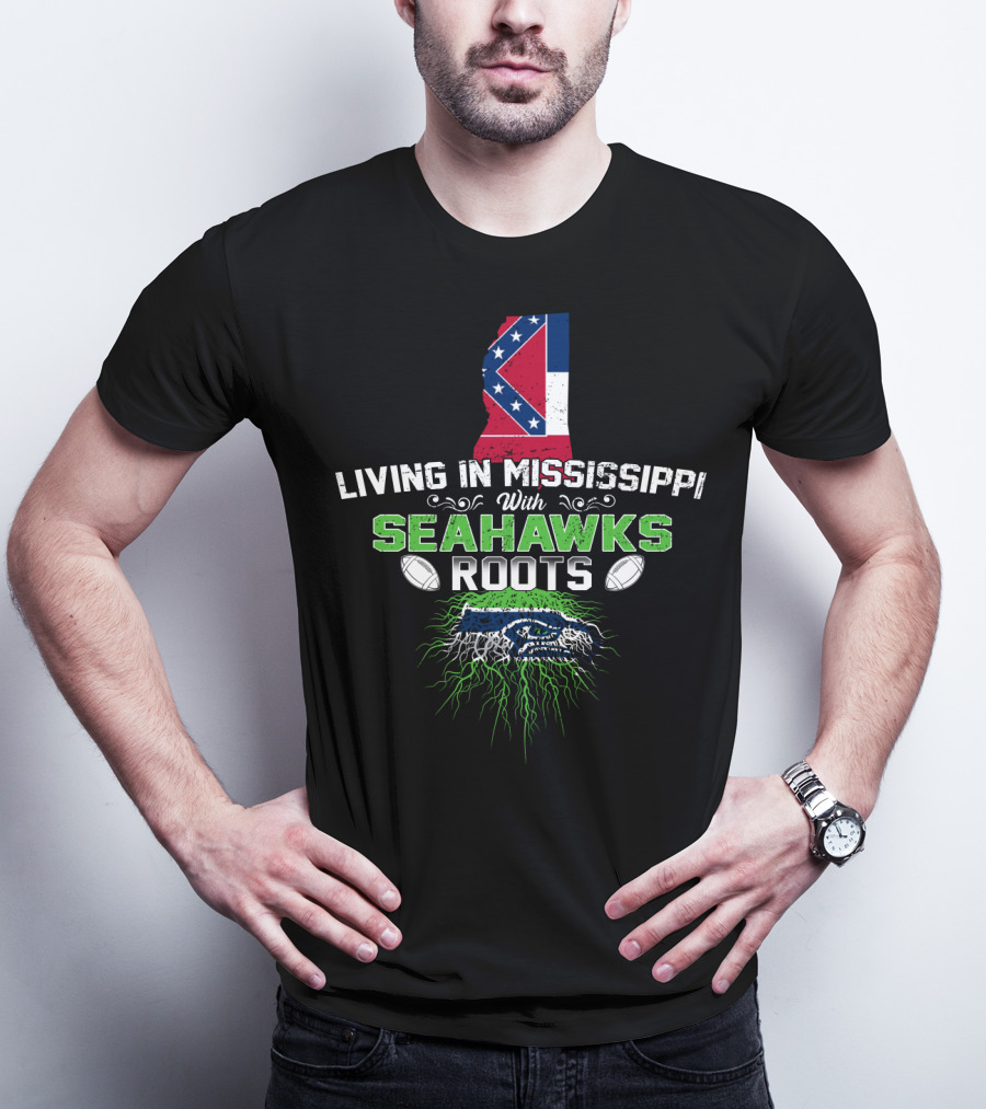 Living In Mississippi Proudly Showing Seahawks Roots With State Flag And Iconic T-Shirt