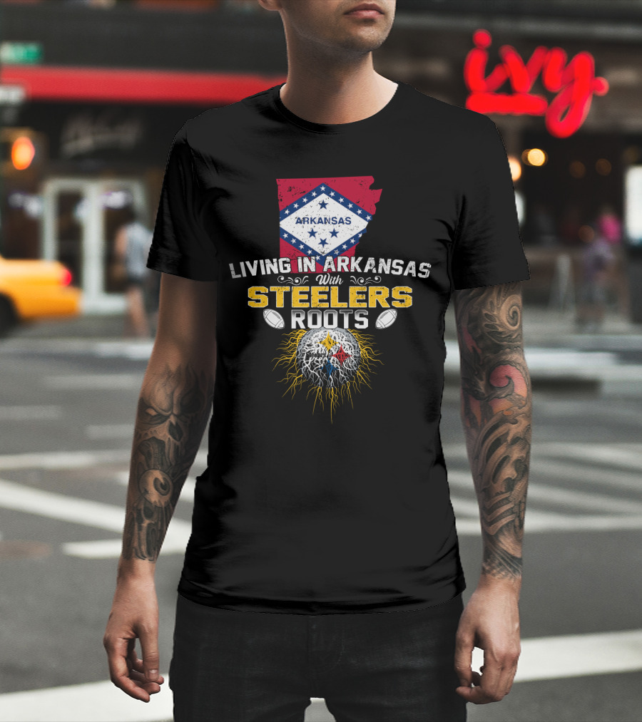 Living In Arkansas With STEELERS Roots Arkansas Flag NFL Football Emblem T-Shirt