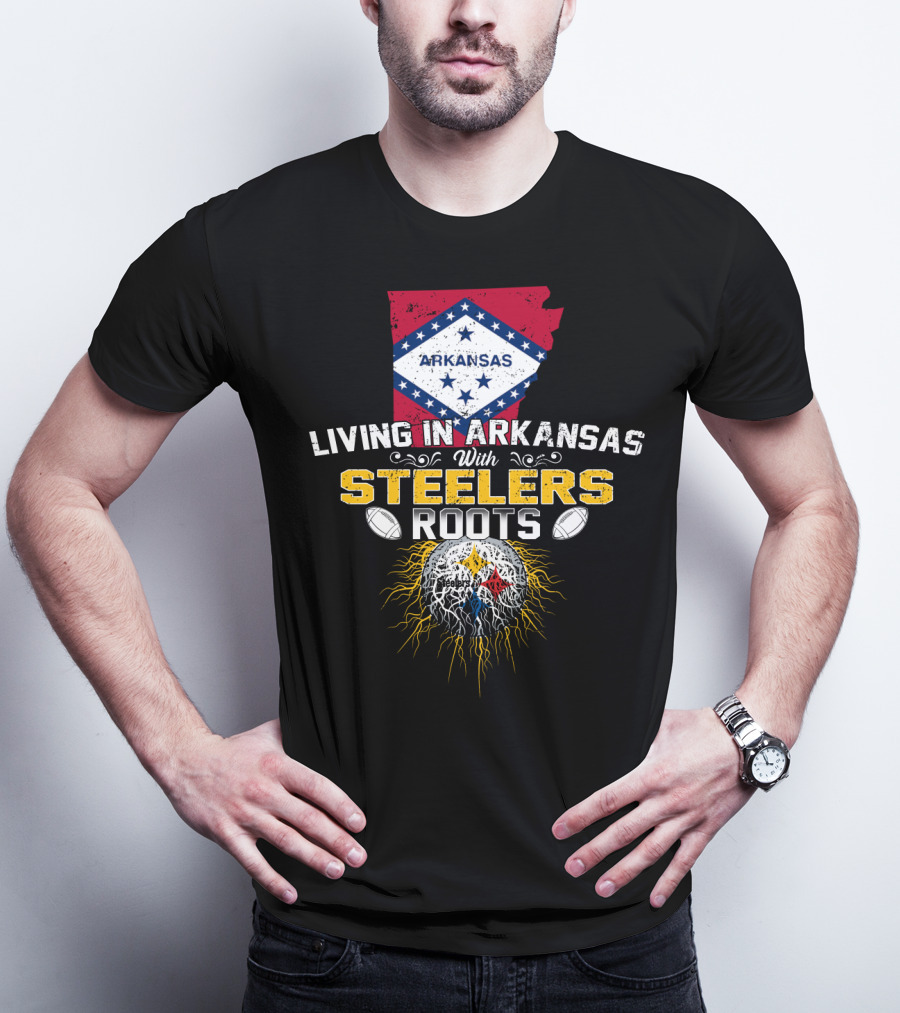 Living In Arkansas With STEELERS Roots Arkansas Flag NFL Football Emblem T-Shirt