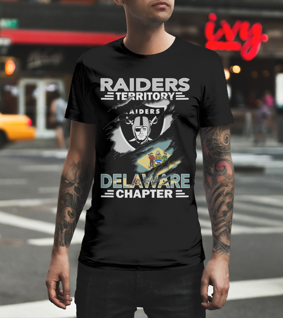 Raiders Territory Delaware Chapter With Raiders Shield And Delaware Flag T-Shirt
