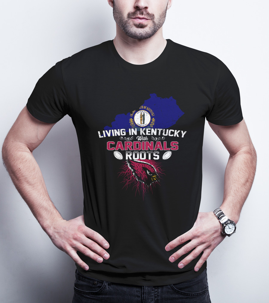 Living In Kentucky With Cardinals Roots Kentucky State Map Crest Football Helmet T-Shirt